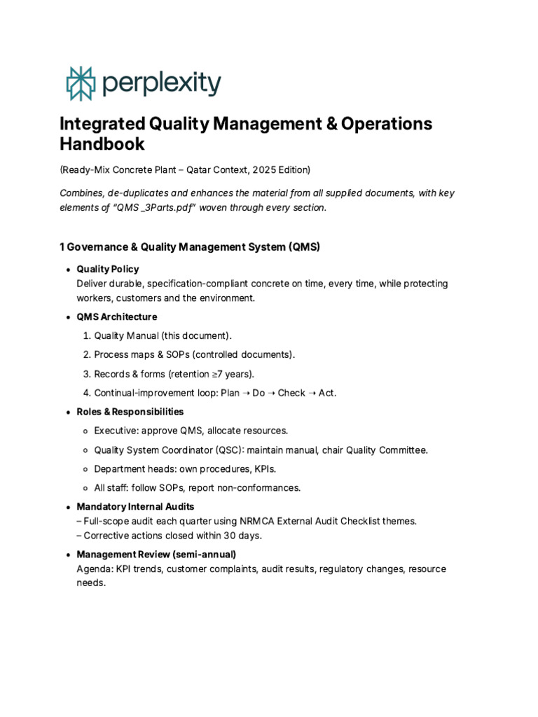 Integrated Quality Management & Operations Handboo | PDF | Concrete ...