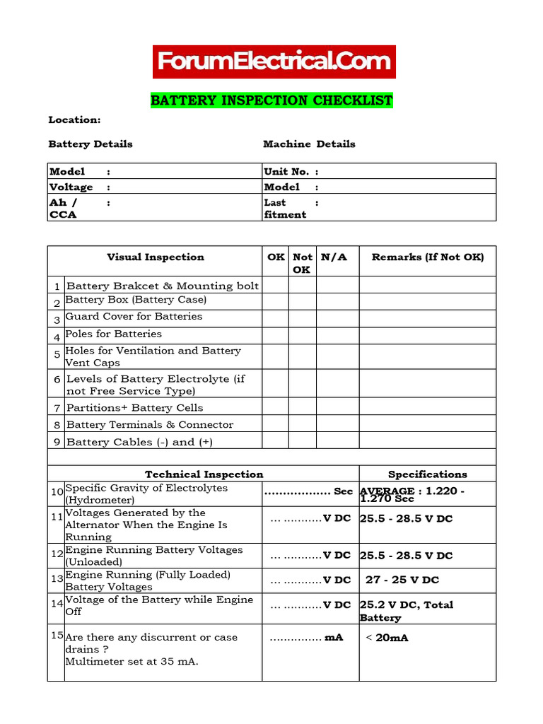 Battery Inspection Checklist Template | PDF | Direct Current | Voltage
