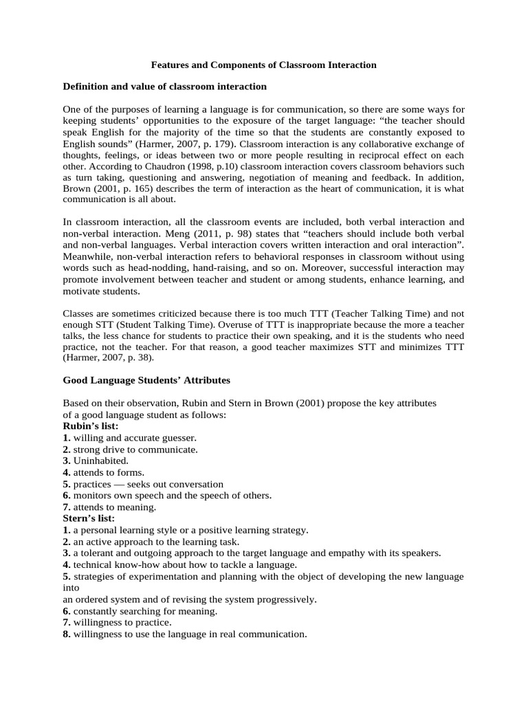 Features and Components of Classroom Interaction | PDF | Teachers ...