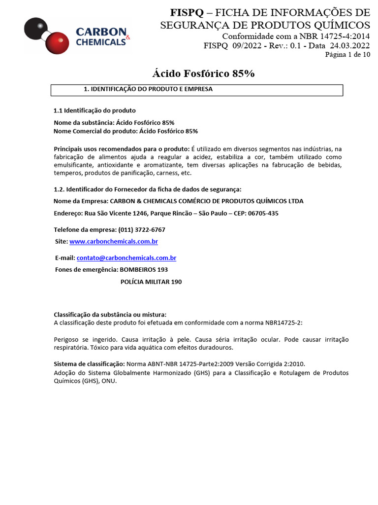 FISPQ Ácido Fosfórico 85%: Segurança e Uso | PDF