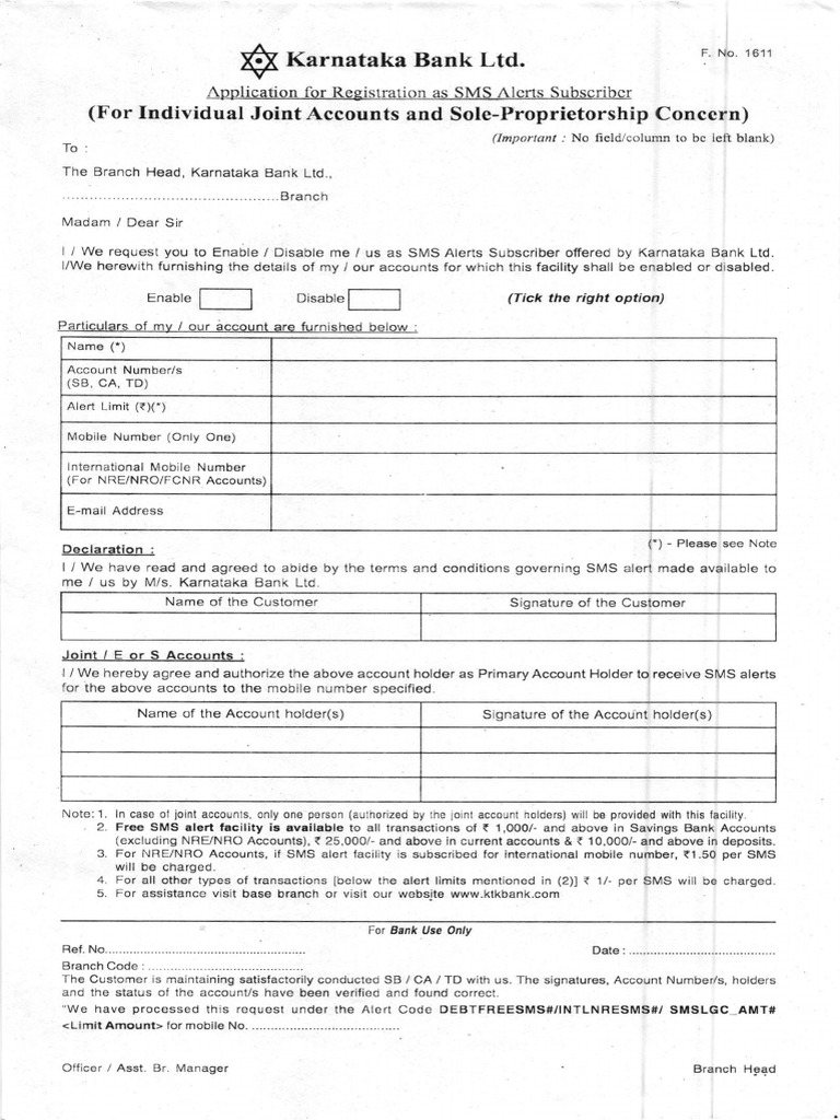 SMS Alerts Registration Form - Karnataka Bank | PDF