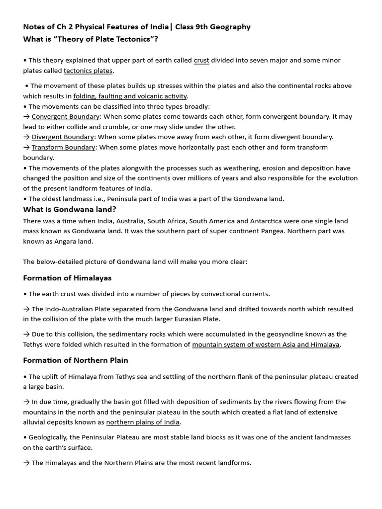 Notes of CH 2 Physical Features of India | PDF | Plate Tectonics ...