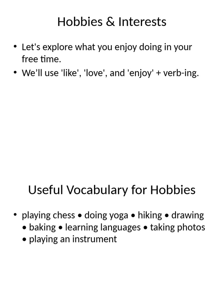 Engaging in Hobbies: Vocabulary & Practice | PDF