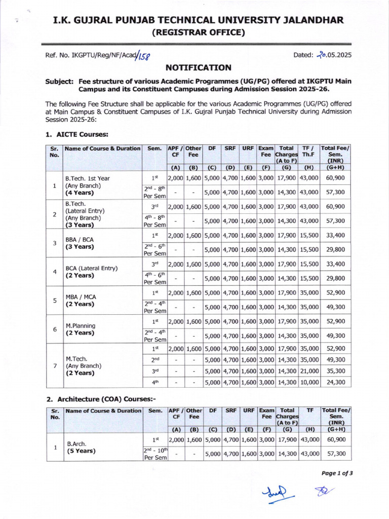 IKGPTU Fee Structure 2025-26 | PDF | Vocational Education | Qualifications