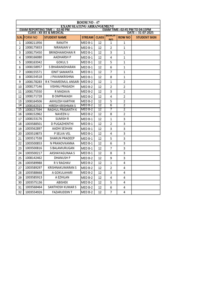 Xii Exam Seating Arrangement 31-07-2025 | PDF