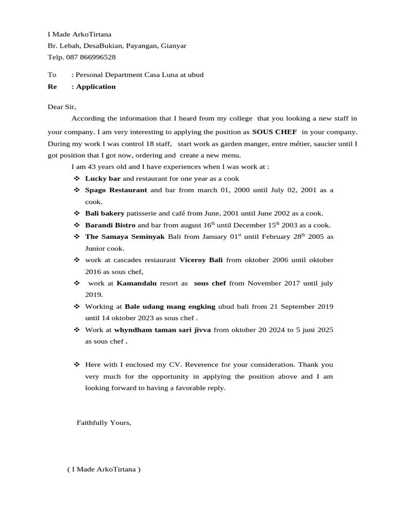 Sous Chef Application by I Made ArkoTirtana | PDF | Restaurants ...