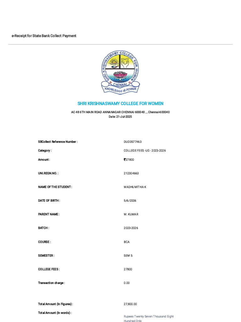 e-Receipt for College Fee Payment | PDF