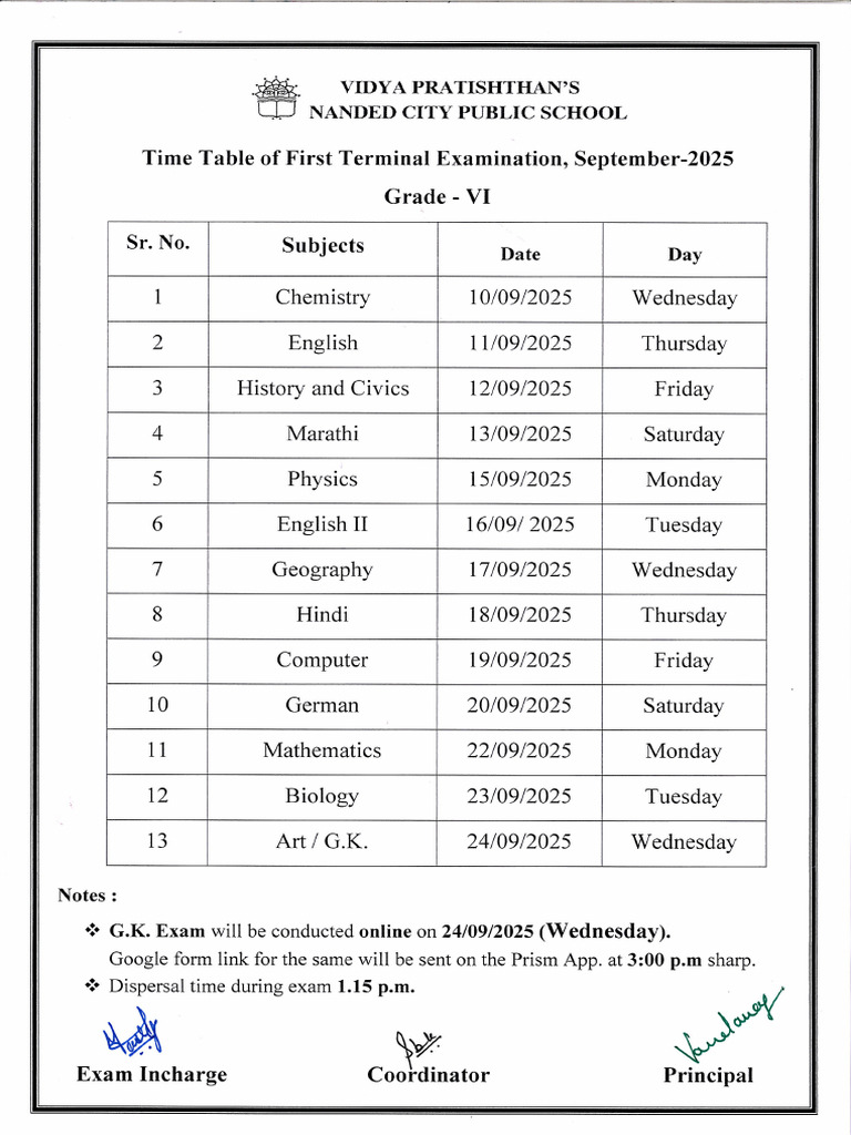 GR - VI, Term-1 Exam, Time Table & Portion, Sept-2025-1754479936646 | PDF