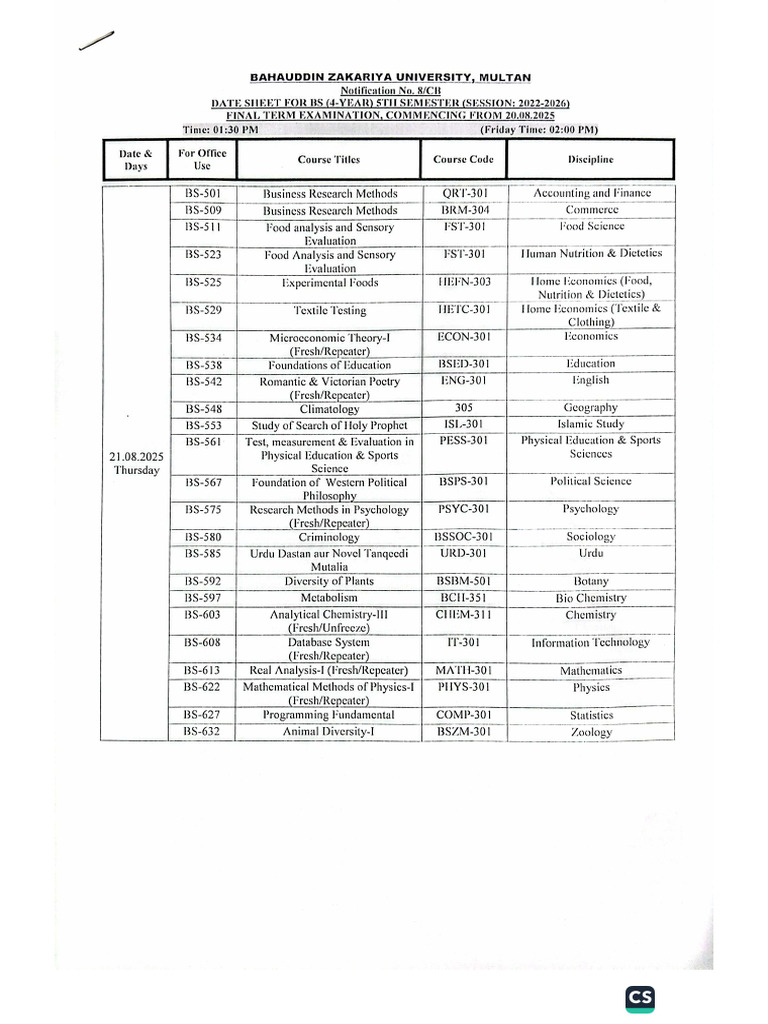 Date Sheet 5th Semester Session 2022-2026 Repeater Session 2021-2025 ...