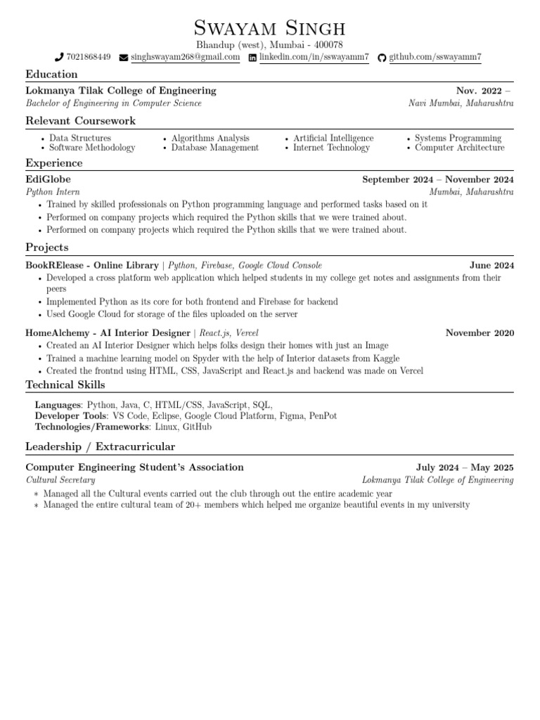 Swayam Singh Resume | PDF | Python (Programming Language) | Artificial Intelligence