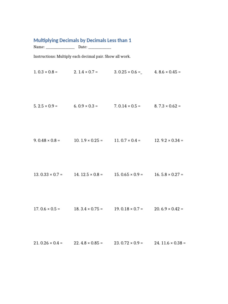 5th Grade Decimal Multiplication Worksheet | PDF