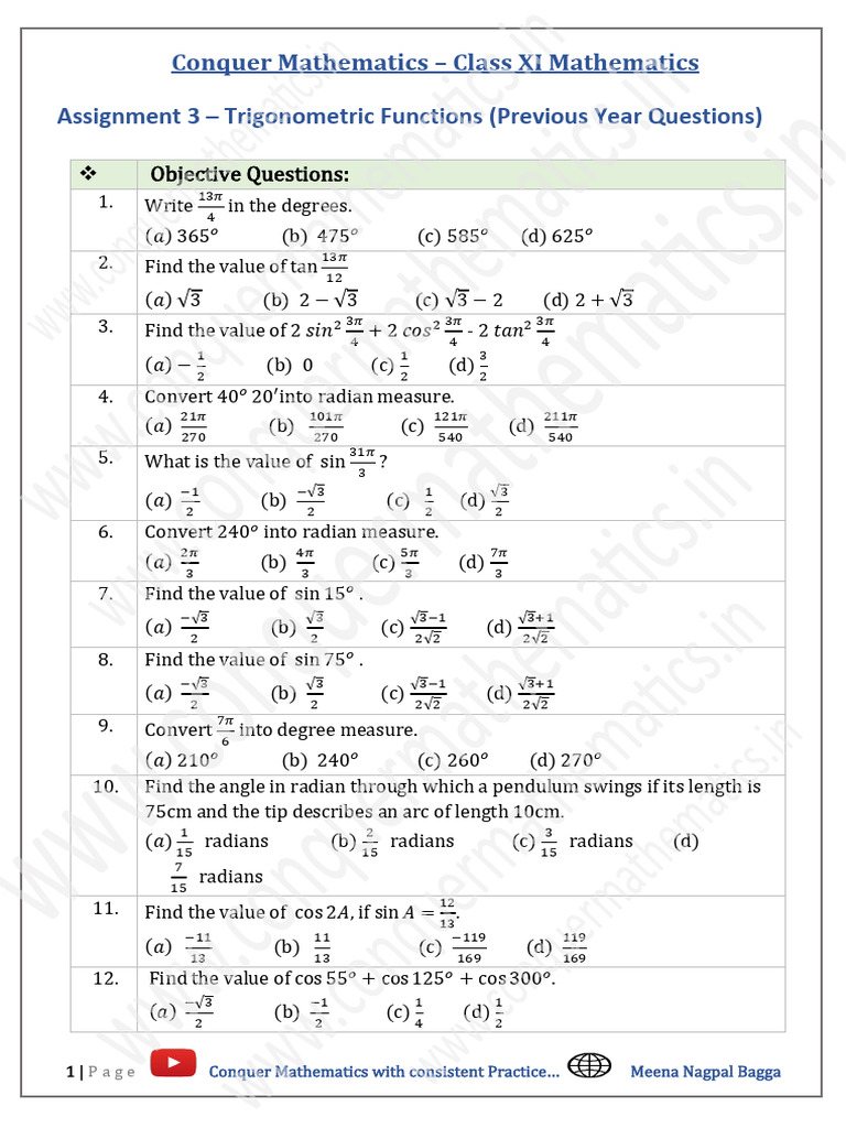 CM Class XI 3 Trigo. Fun. | PDF | Elementary Mathematics | Angle