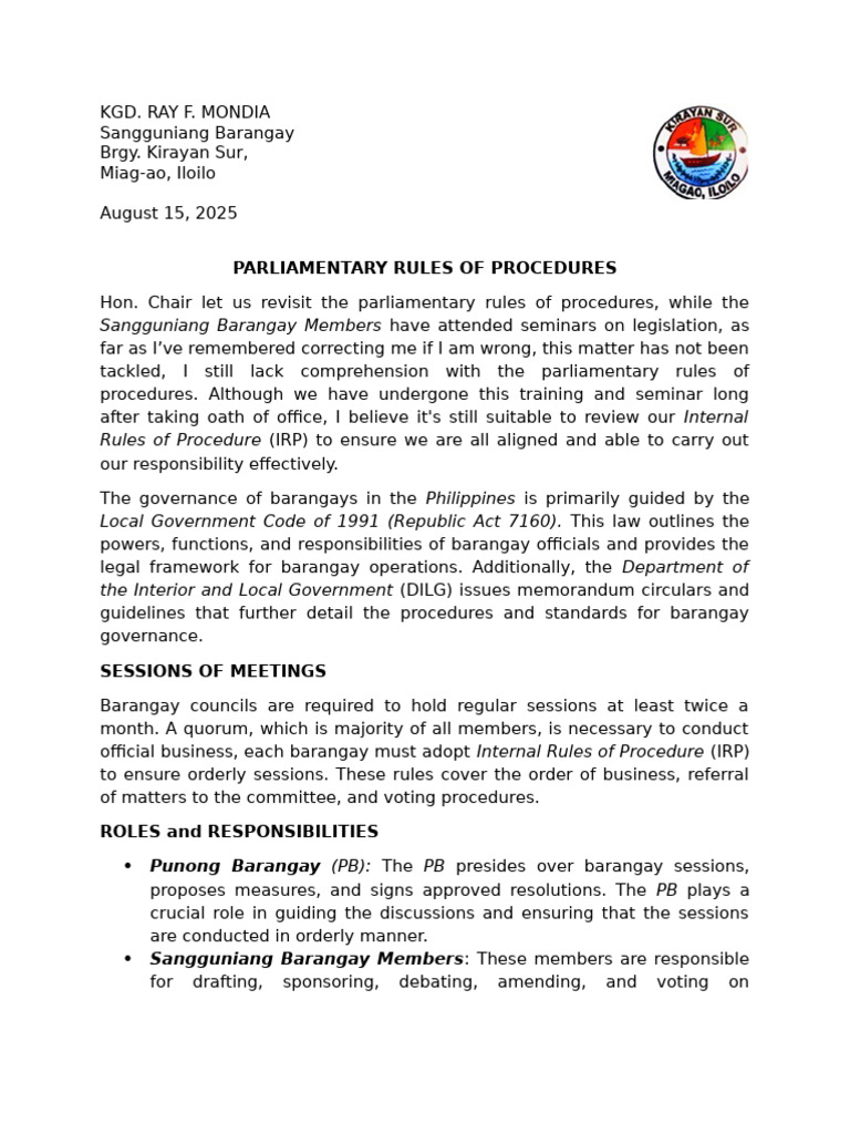 Barangay Parliamentary Procedures Guide | PDF | Parliamentary Procedure ...