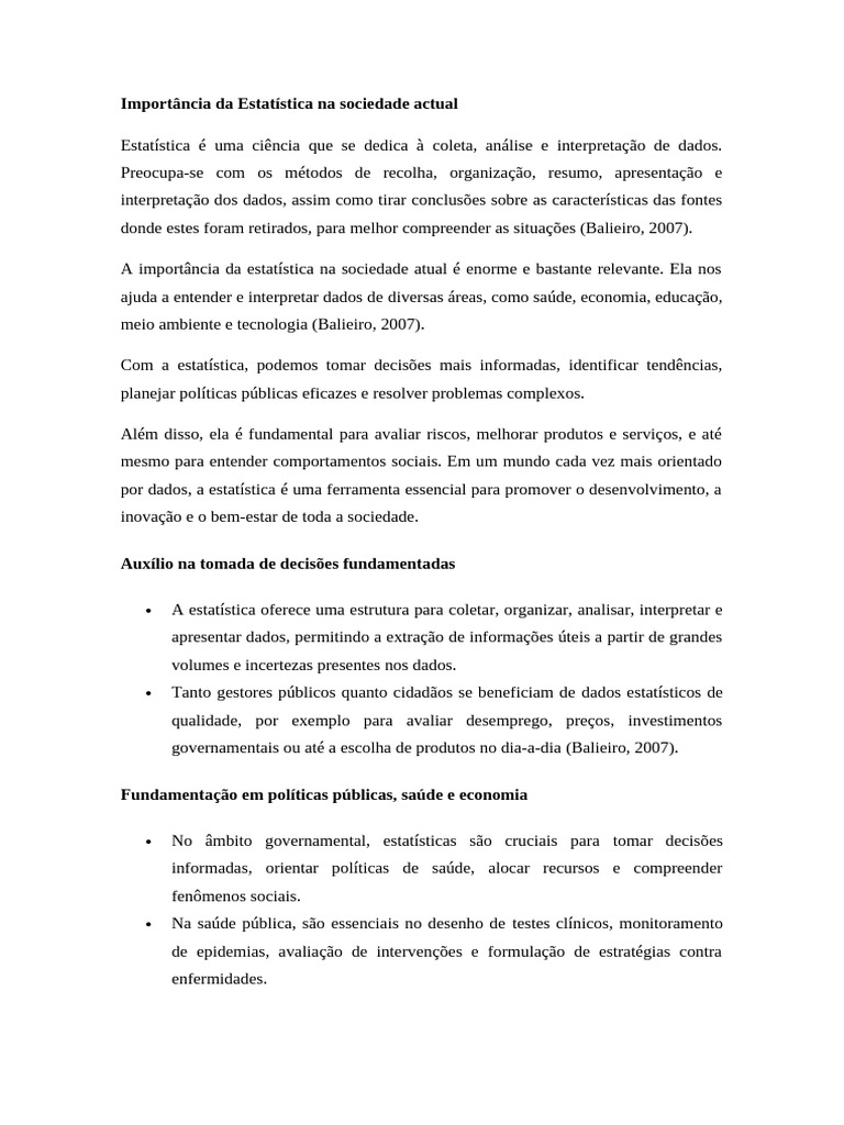 Importância da Estatística na Sociedade | PDF | Estatísticas | Economia