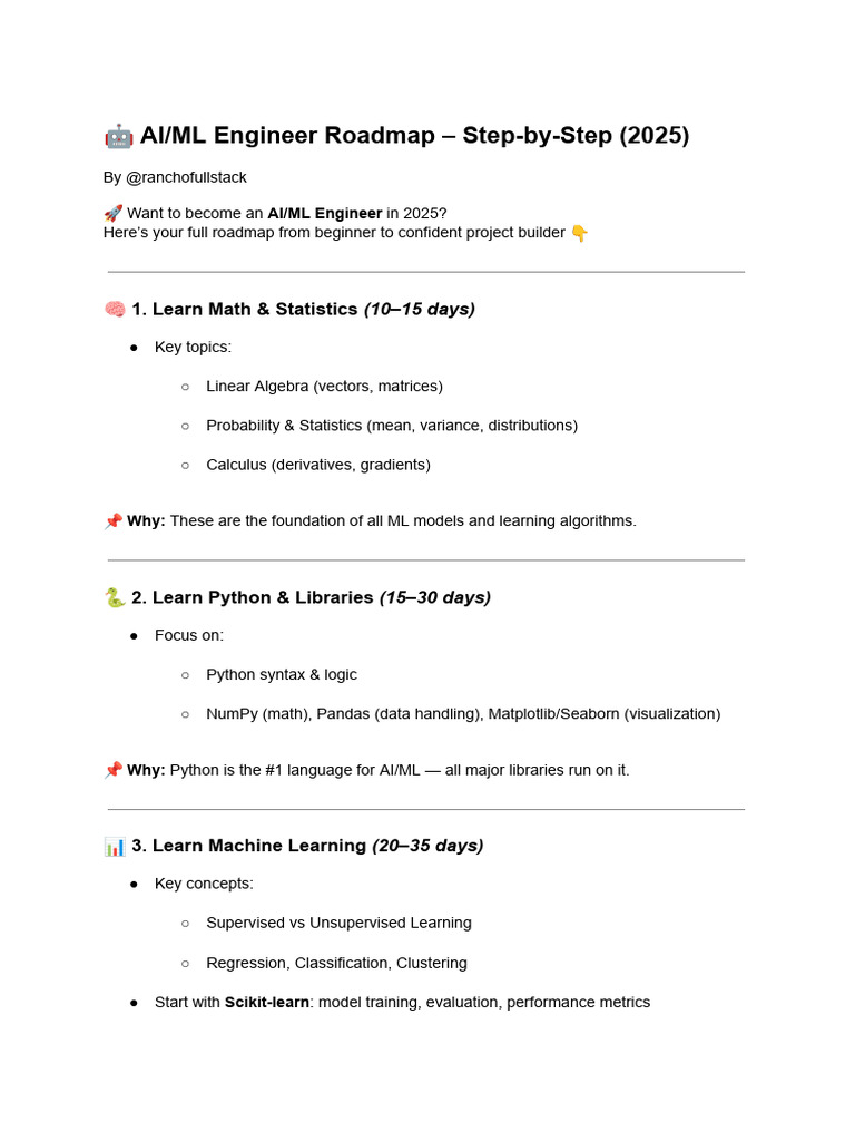 ? AI-ML Engineer Roadmap - Step-By-Step (2025) | PDF | Machine Learning | Deep Learning