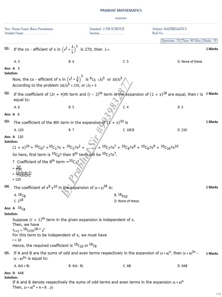 Basic Foundation 11TH SCIENCE MATHEMATICS Answersheet | PDF | Complex ...