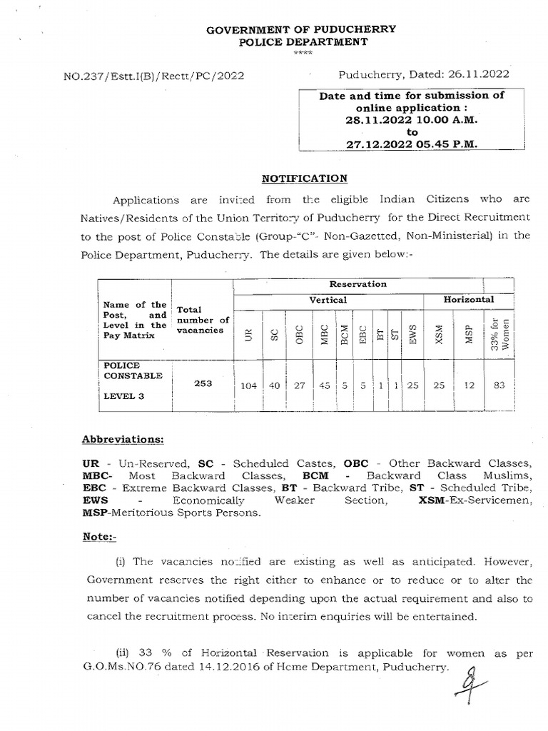 Puducherry Police Constable Notification 2022 Apply Online 253 Post | PDF
