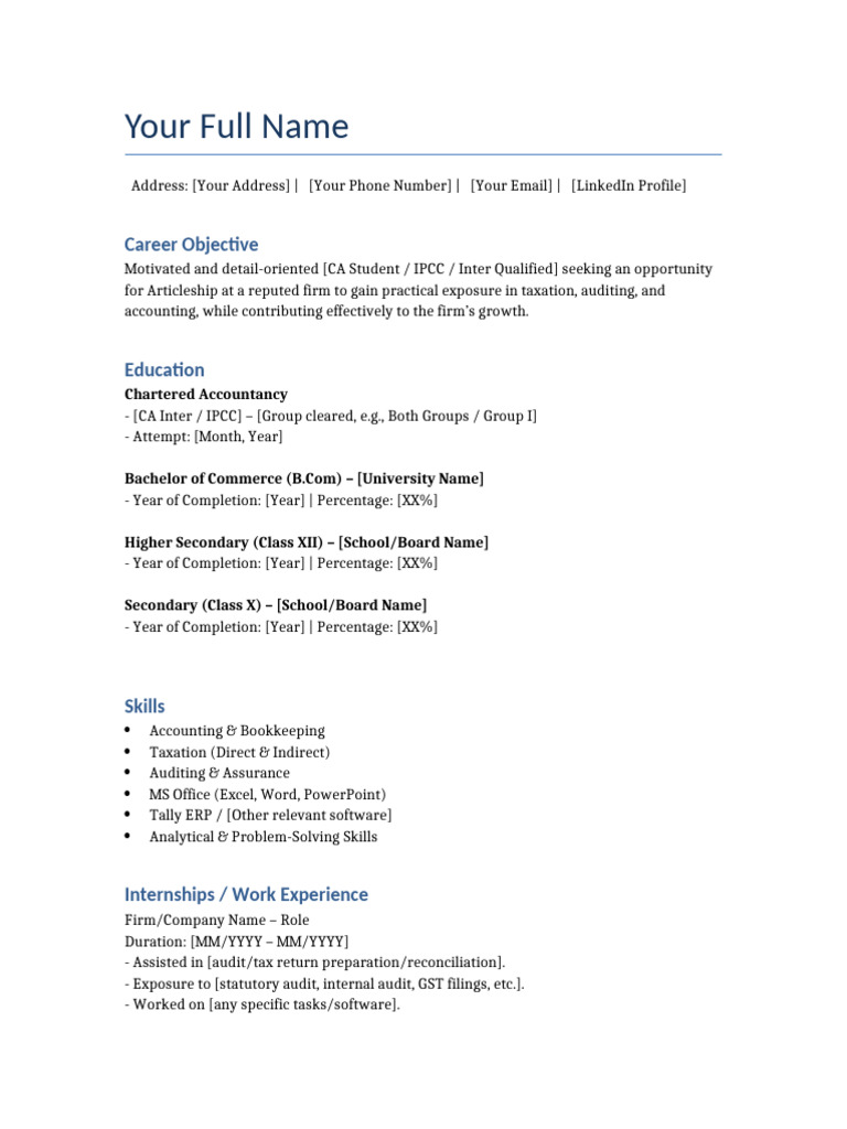 CA Articleship Resume Template | PDF