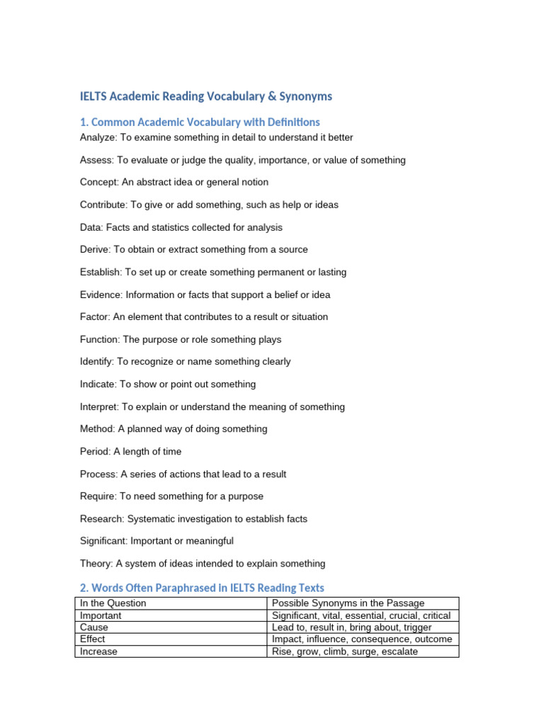 IELTS Academic Reading Vocabulary | PDF | Vocabulary | Scientific Method