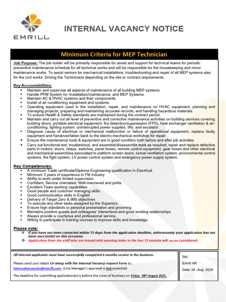 MEP Technician Job Overview | PDF | Power Supply