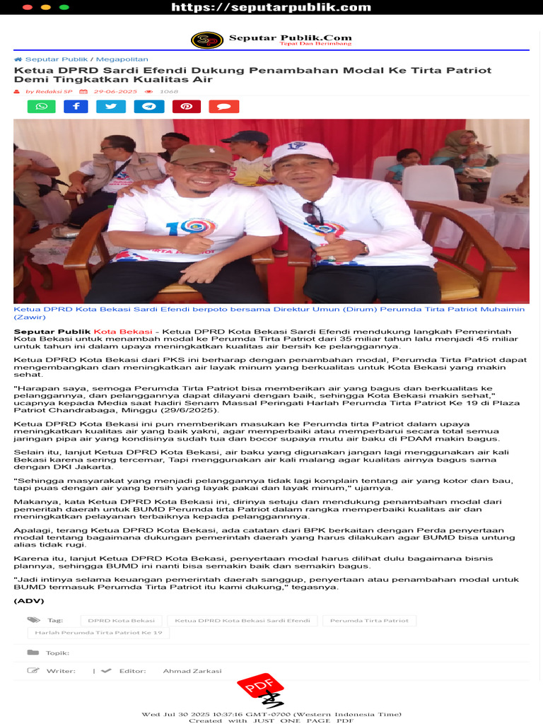 Ketua DPRD Sardi Efendi Dukung Penambahan Modal Ke Tirta Patriot Demi ...