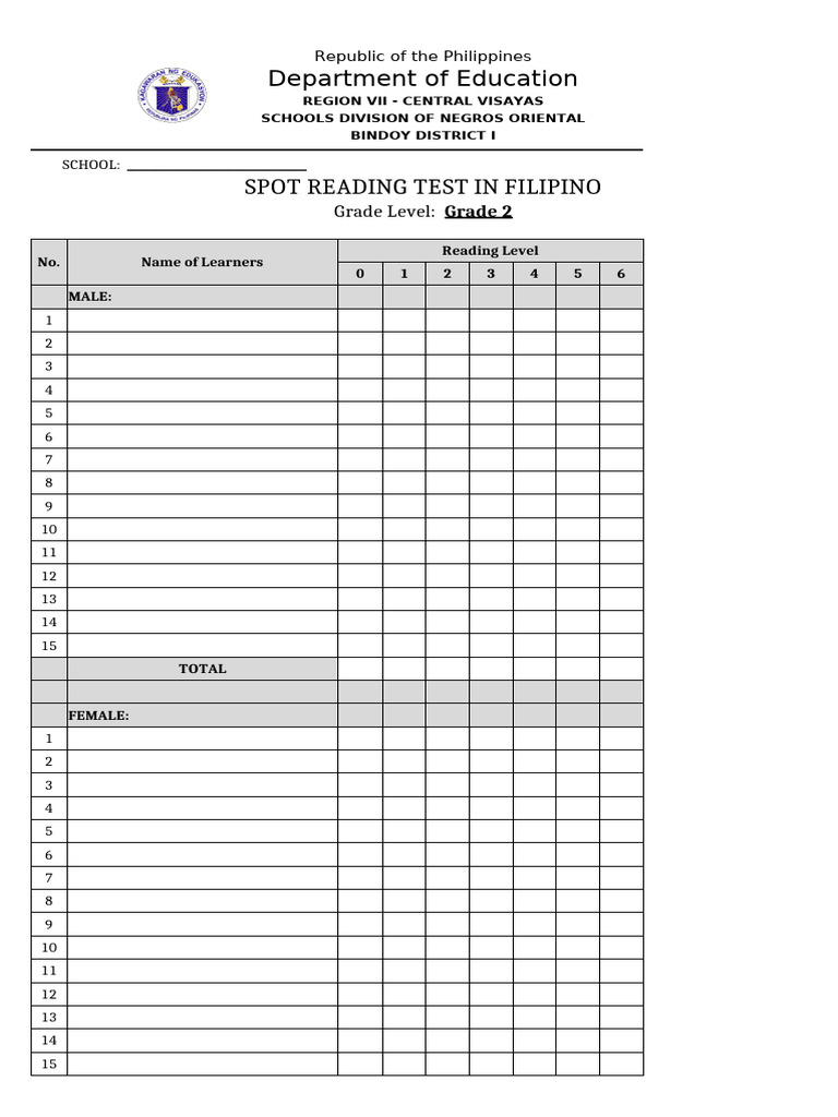 Spot Reading Form Grade 2 | PDF