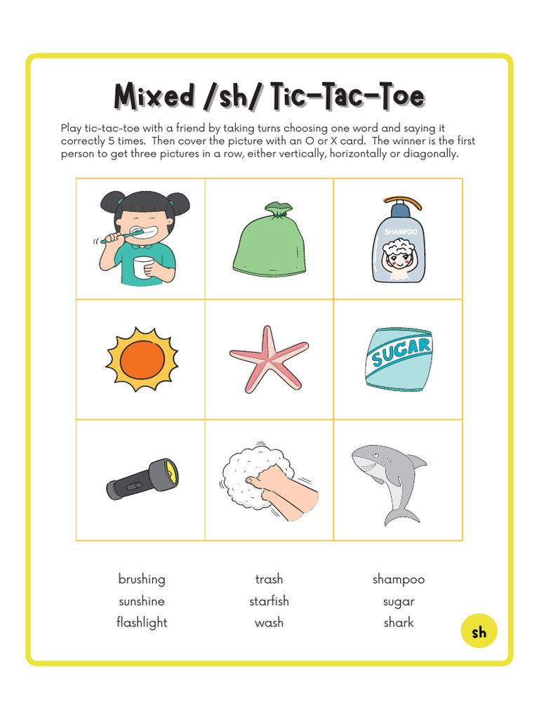 SH Sound in Words Tic-Tac-Toe Game For Speech Therapy Worksheet in A ...