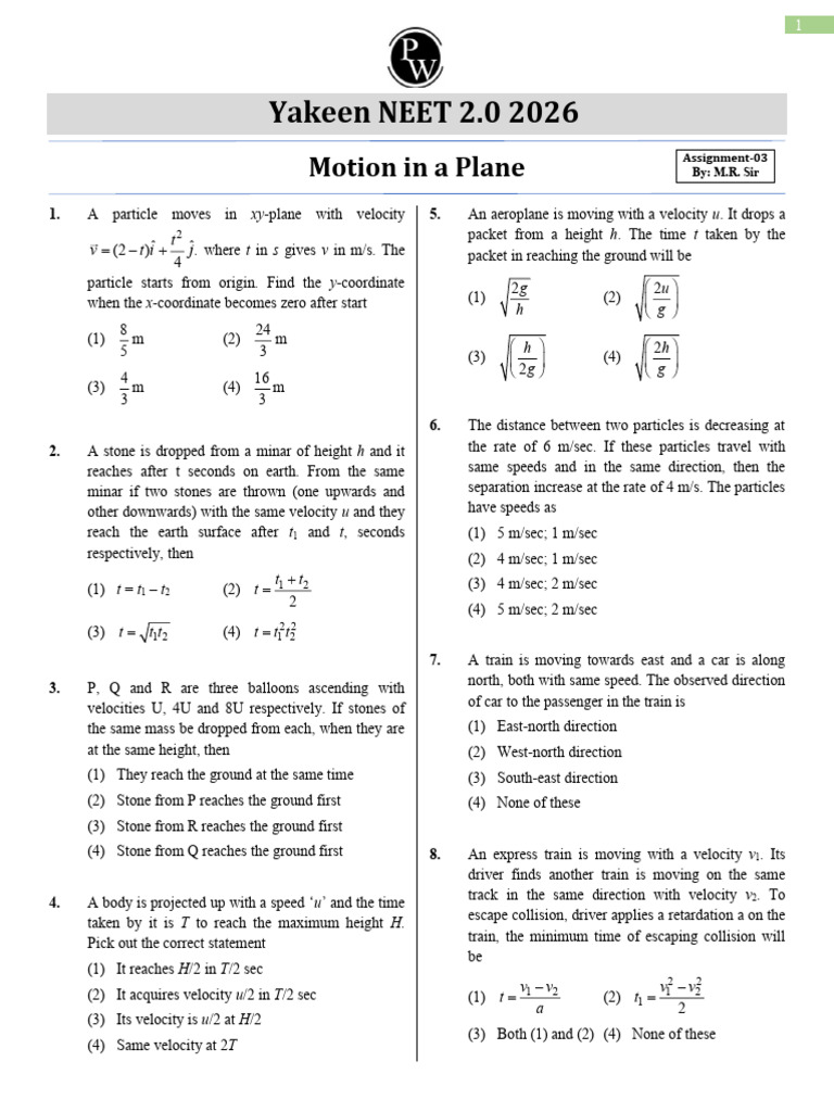 Motion in A Plane: Assignment 03 - Physics by Manish Raj Sir | PDF ...