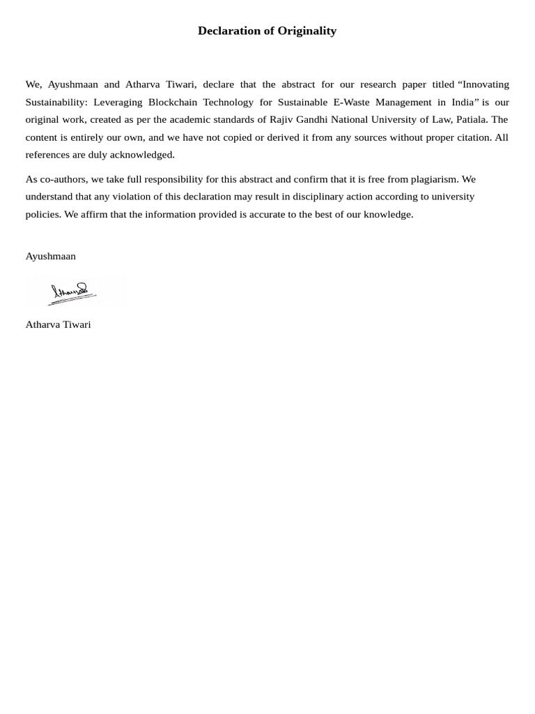 Declaration of Originality for Research Paper | PDF