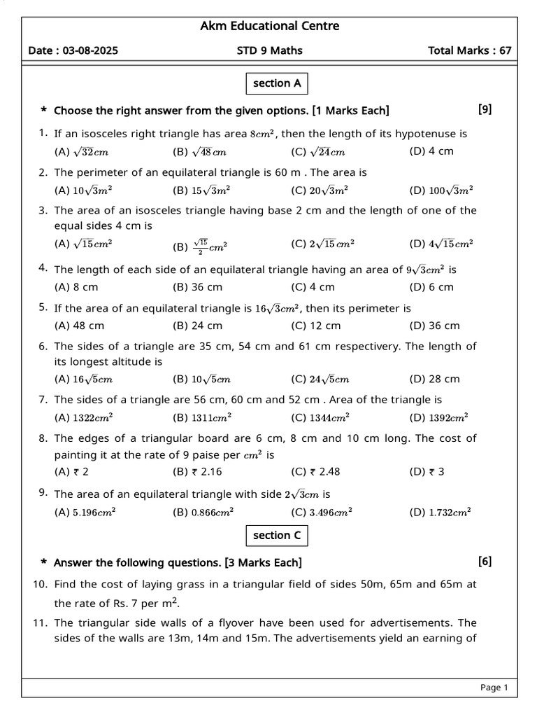 Class 9th Ch10 Heron's Formula Worksheet | PDF | Area | Triangle