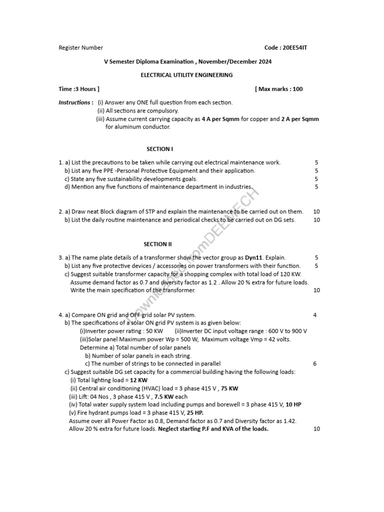20ee54it Nov Dec 2024 QP - Deemech | PDF | Photovoltaic System | Electrical Grid