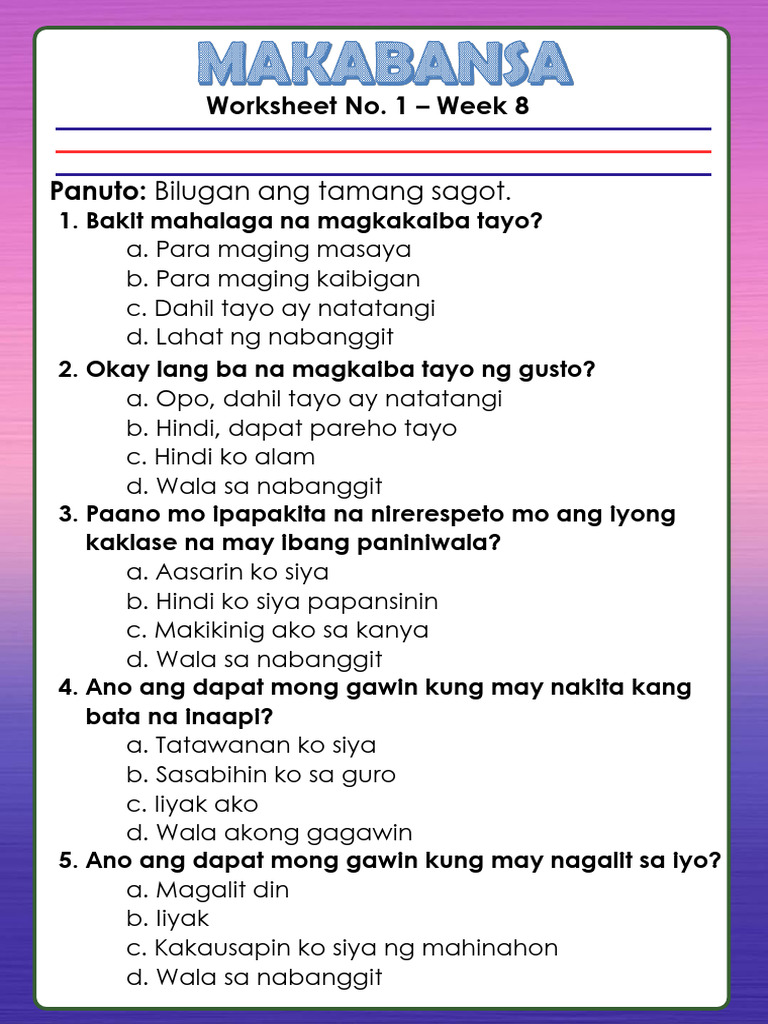 Makabansa Worksheet Week 8 | PDF