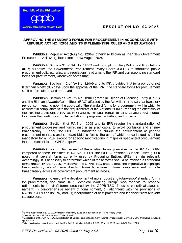 GPPB Resolution No. 03 2025 | PDF | Procurement | Regulatory Compliance