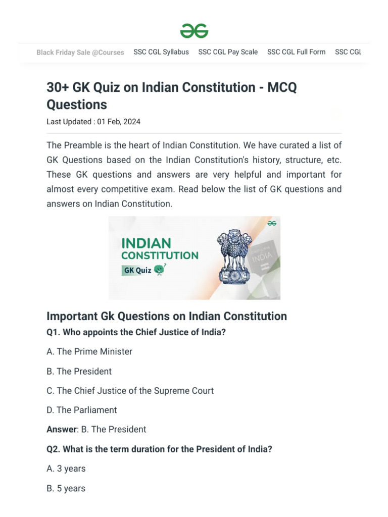 30+ GK Quiz on Indian Constitution - MCQ Questions With Answers | PDF ...