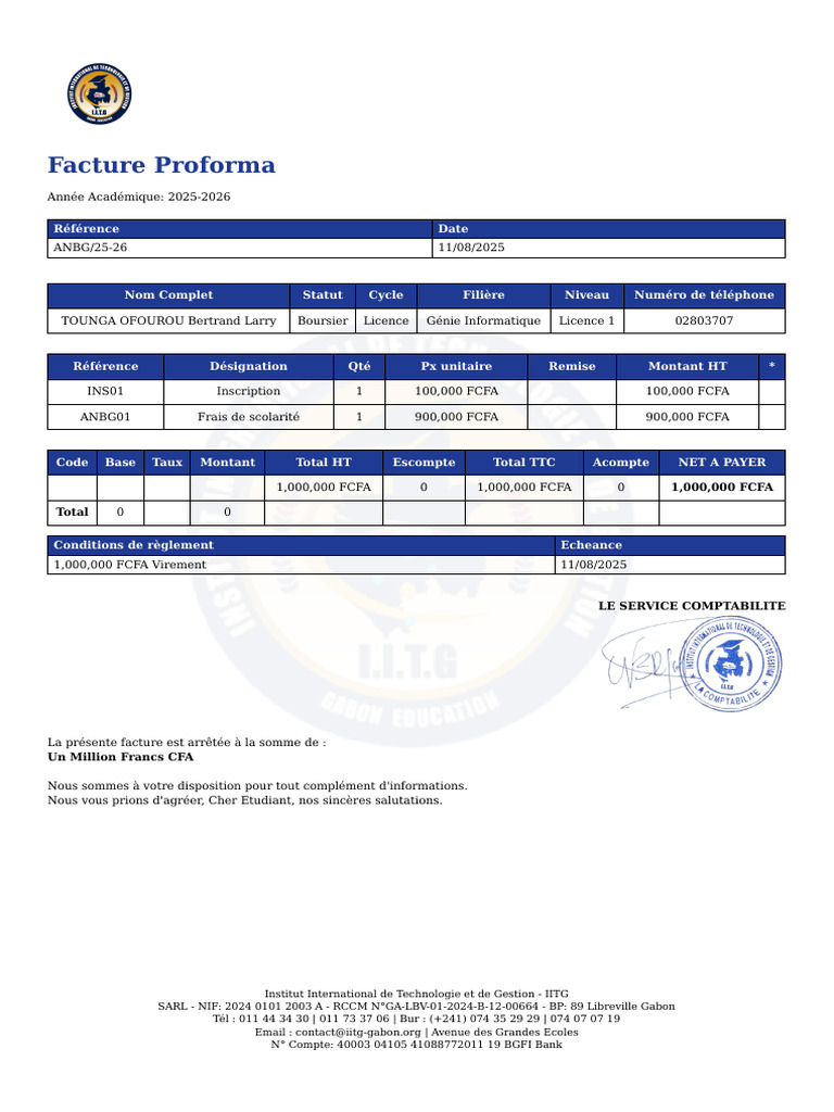 Facture Proforma Inscription 2025-2026 | PDF