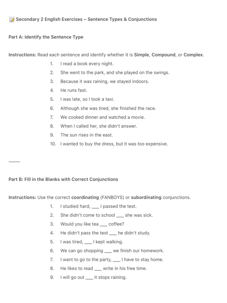 ? Secondary 2 English Exercises - Sentence Types & Conjunctions | PDF | Grammar | Chess Openings