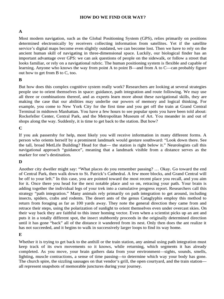 Reading Passage - How Do We Find Our Way | PDF | Navigation | Cognitive ...