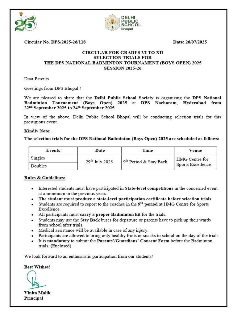 Circular 20250726195643 Inter Dps Badminton (Boys Open) Selection Trials | PDF | Chess Theory ...