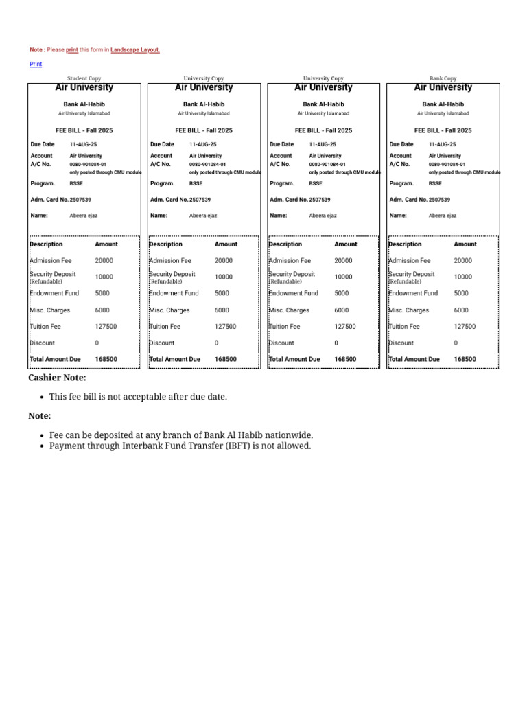Air University Fall 2025 Fee Bill | PDF | Fee | Payments