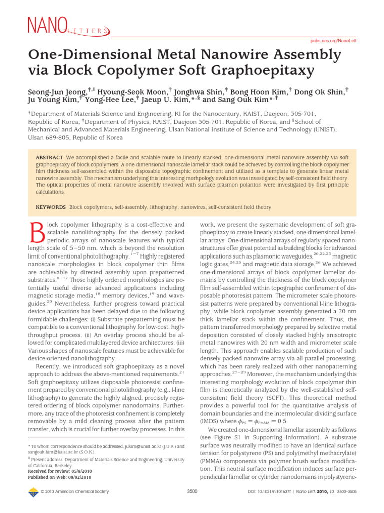 One dimensional metal nanowire assembly via block copolymer soft ...