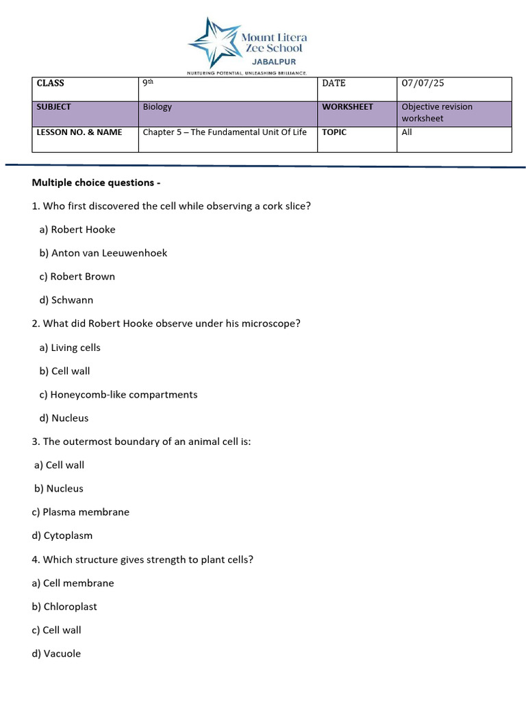 G9 Bio Worksheet Objective | PDF | Cell (Biology) | Vacuole