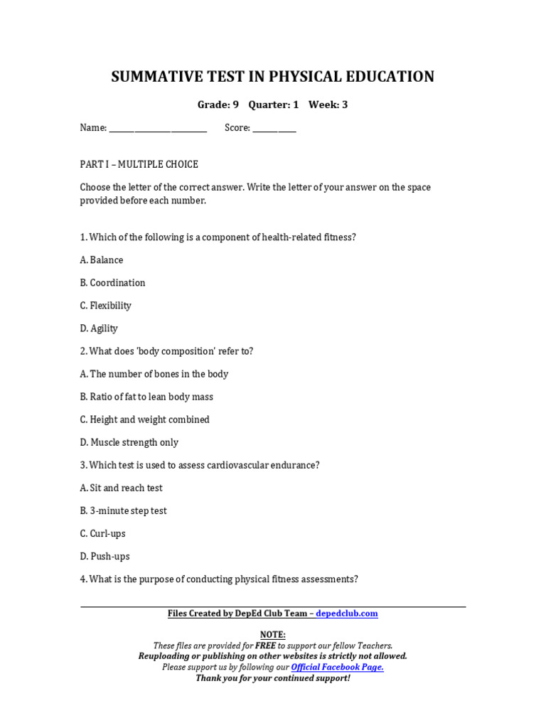 Grade 9 Physical Education Summative Test | PDF | Physical Fitness ...