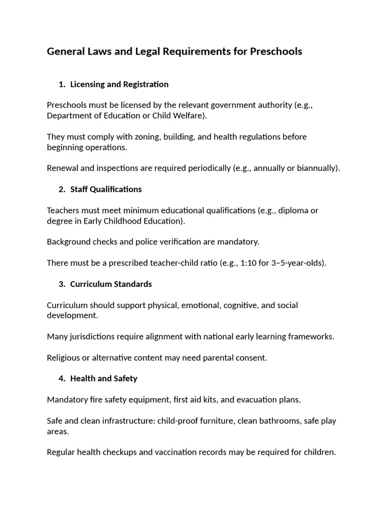 Preschool Legal Requirements Overview | PDF