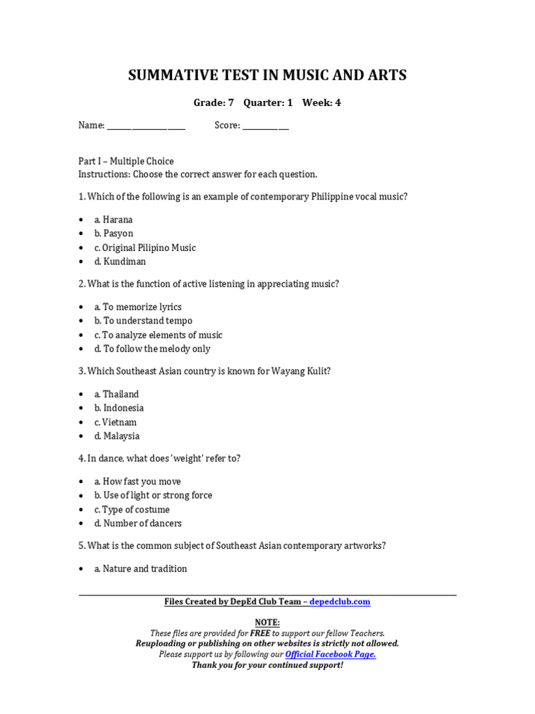q1 - Summative Music & Arts 7 q1 Week 4 | PDF | Dances | Popular Music
