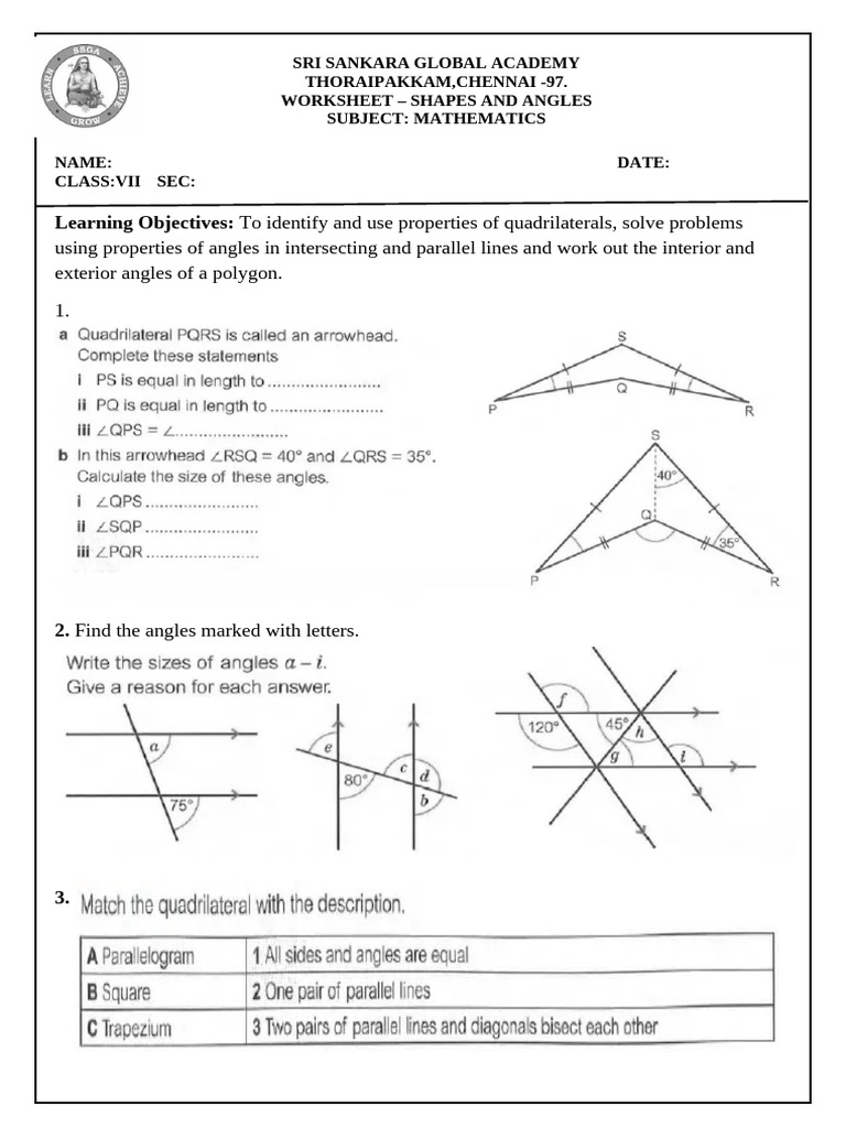 Quadrilaterals and Angles Worksheet | PDF