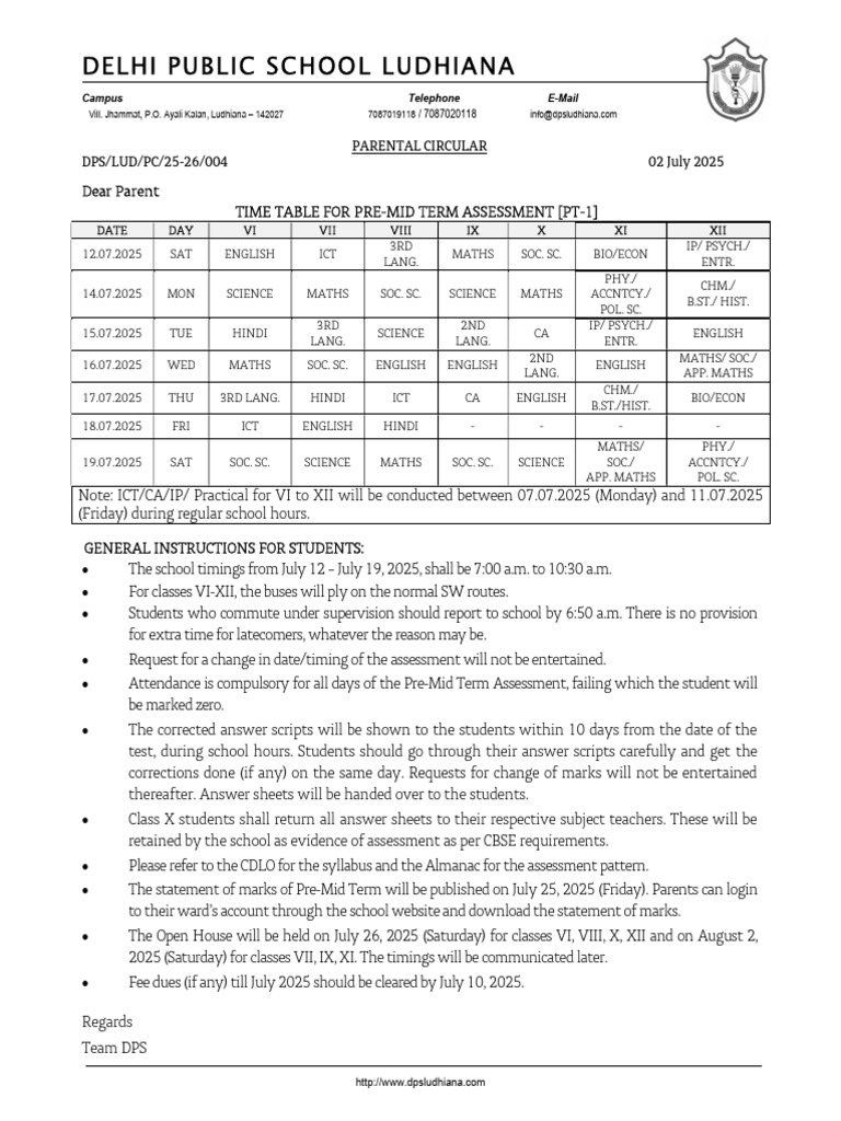 DPS Ludhiana Pre-Mid Term Assessment Timetable | PDF | Student ...