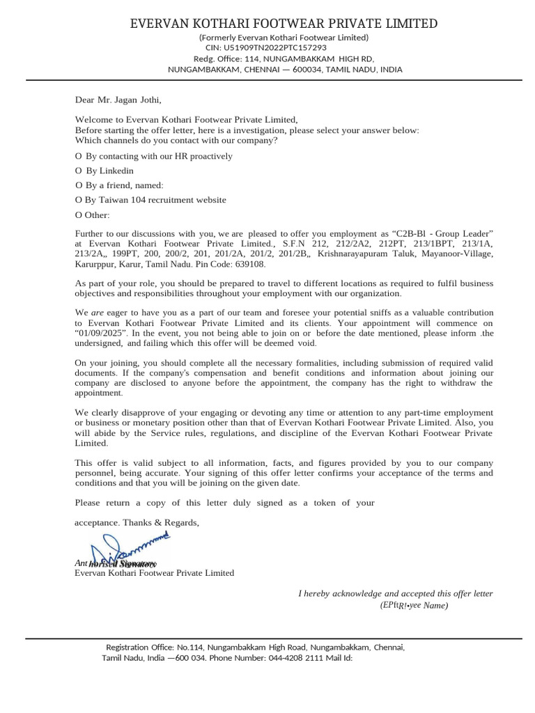 Jagan Jothi - Offer Letter | PDF