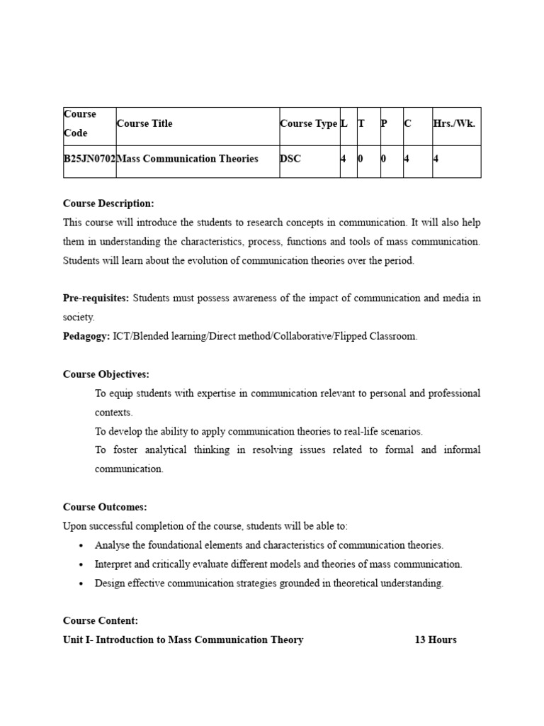 Mass Communication Theories Course Overview | PDF | Theory | Communication
