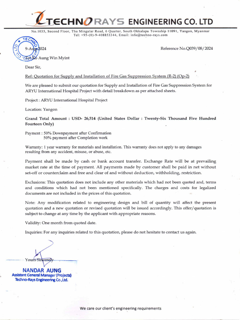 Quotation (R-2) for Fire Gas Supression System of ARYU International Hospital Project_ (Op-2) | PDF
