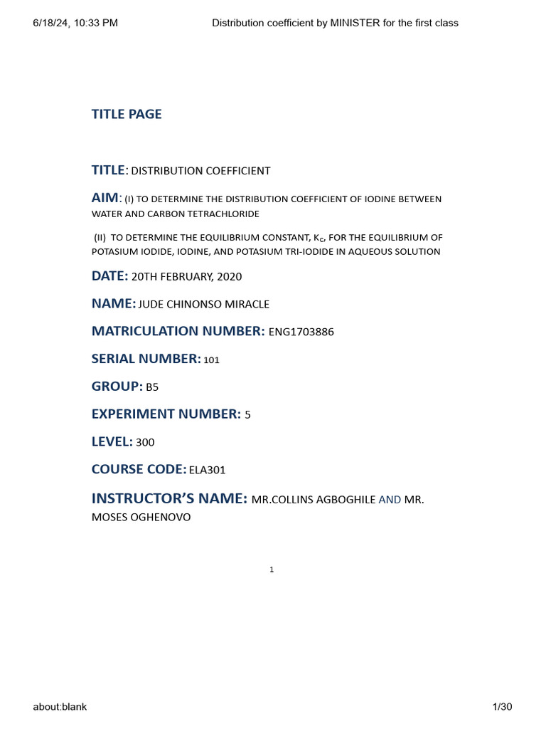 Distribution Coefficient | PDF | Chemistry | Physical Chemistry